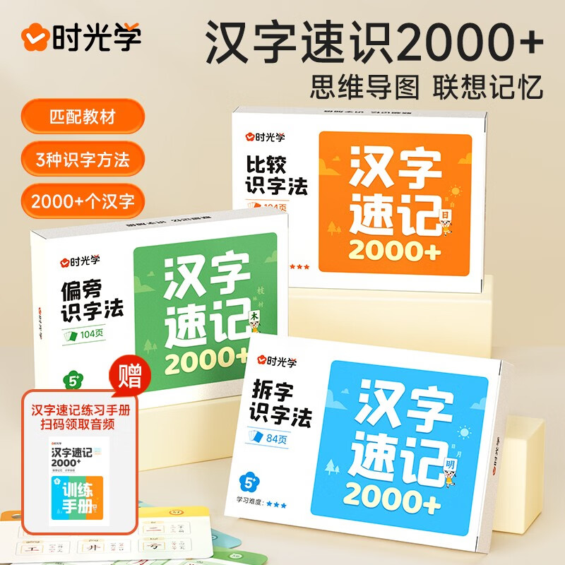 时光学汉字速记2000+小学生语文认识汉字偏旁部首结构思维导图识字卡片比较识字法拆字偏旁识字法汉字速记2000+ 汉字速记2000（全3盒）+训练手册