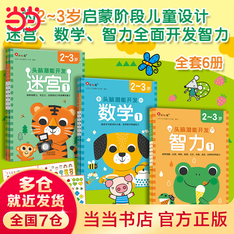 头脑潜能开发2-3岁：数学+智力+迷宫（套装全6册）幼儿思维启蒙益智邦臣小红花