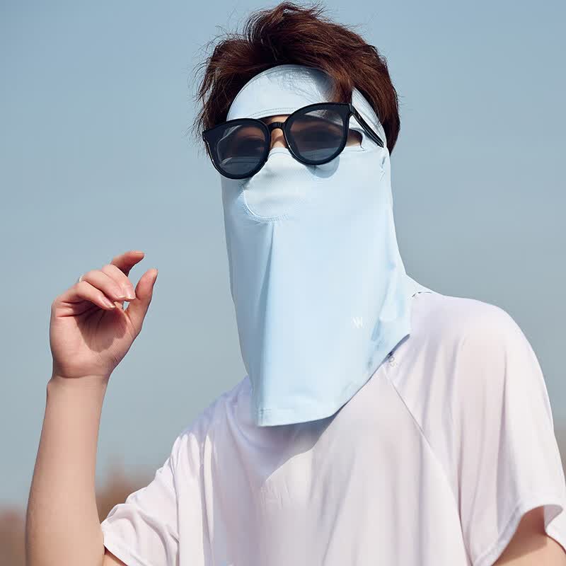 防晒面罩男士冰丝面巾脸罩夏季户外遮全脸口罩防紫外线遮脖子面纱 男护额款 天蓝