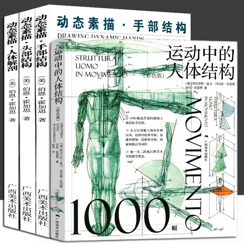 动态素描：头部结构 手部结构 人体解剖 运动中的人体结构  广西美术出版社 人体结构素描速写技法书籍 动态素描+运动中的人体结构4册