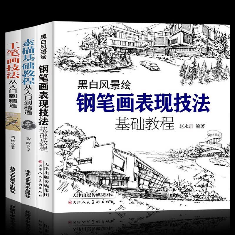 包邮全四册 素描基础教程从入门到精通+速写人物实用教程+白描技法+漫画技法 画画套装成人素描书入门自学零基础素描教程 全3册 素描基础 +工笔画技法+黑白风景绘