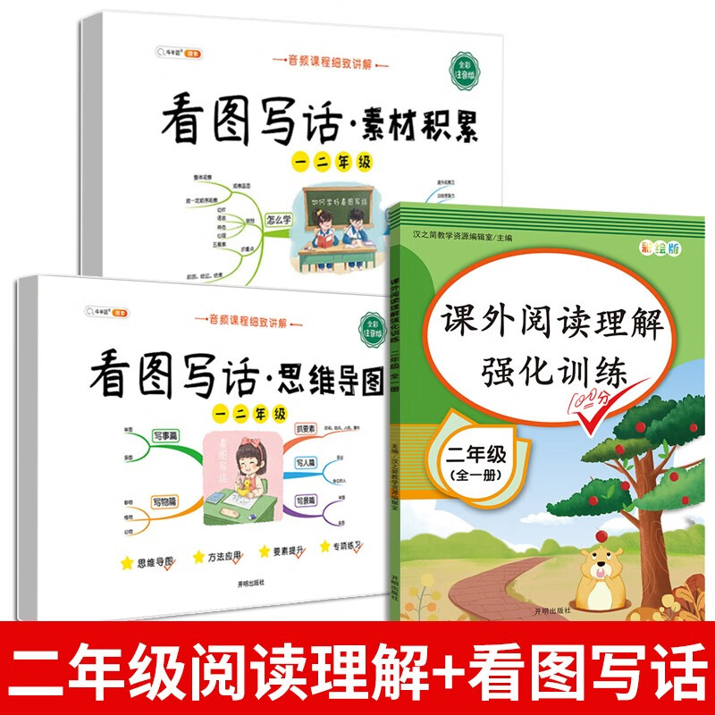 二年级课外阅读理解强化训练专项书上册下册全一册人教版小学生语文课外阅读强化同步练习册题每日一练天天练 【全一册 3本】阅读理解+看图写话