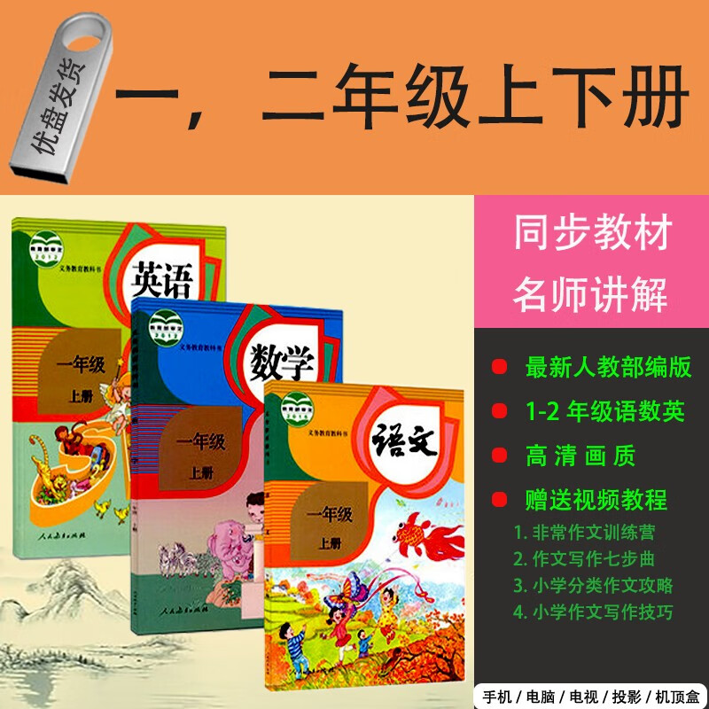 人教版小学1-6语文课本数学英语视频教程U盘全套同步辅导教学网课 1-2年级语数英全套(人教版)
