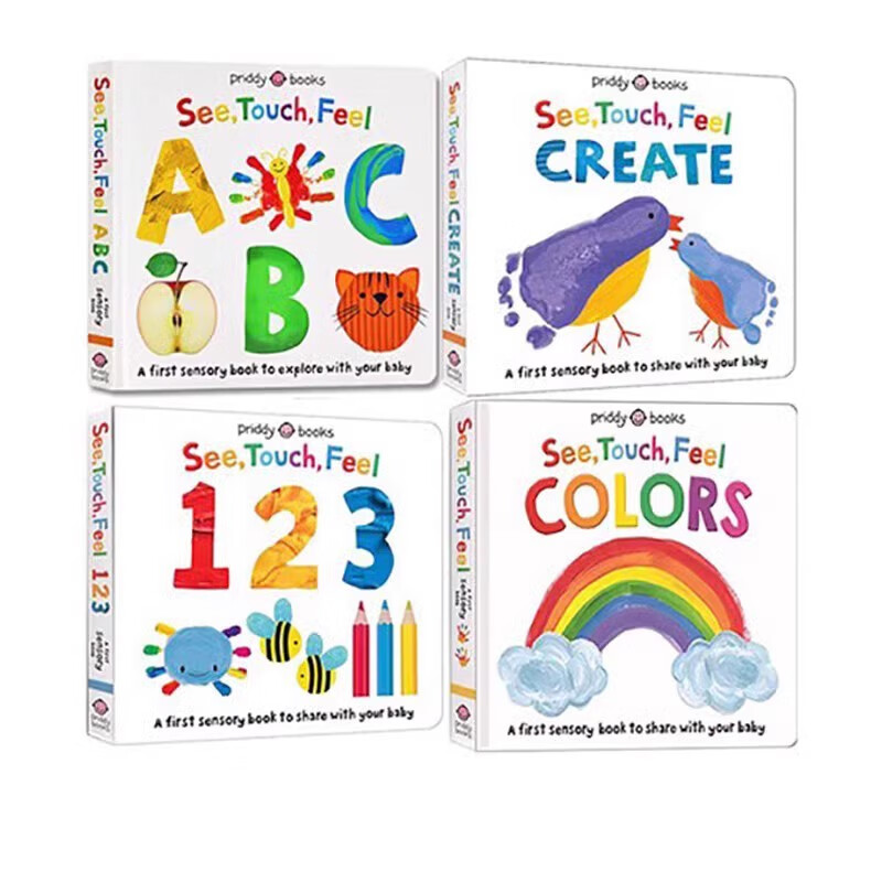 英文原版 See, Touch, Feel: 123/Colors/Create/ABC 纸板书4册 触摸书 幼儿英语启蒙图画书 Roger Priddy