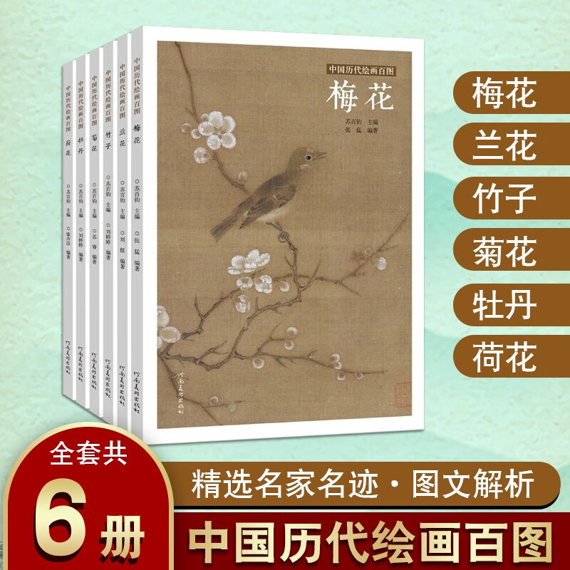 绘画国画赏析书籍 中国历代绘画百图套装6册 梅兰竹菊牡丹荷花临摹书籍作品集 河南美术出版社