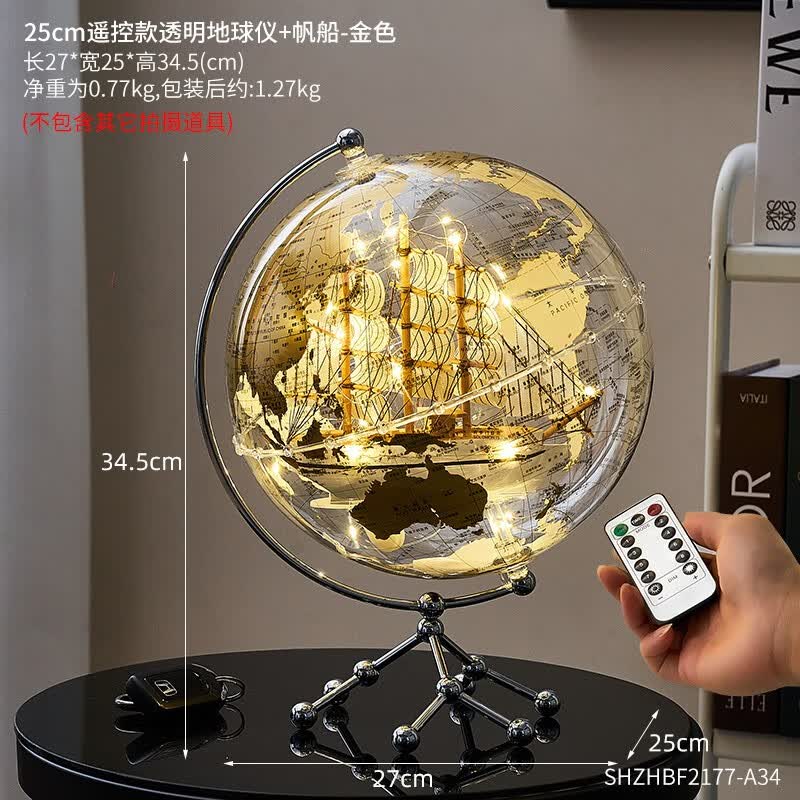 Bylure透明地球仪摆件轻奢工艺品酒柜客厅办公室乔迁送礼家居饰品 金色25CM 帆船带遥控
