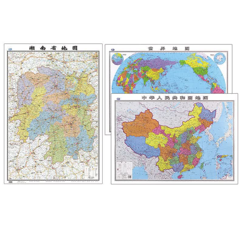 2022年新版湖南省地图贴图1.06米办公家用客厅学生高清防水版地图 (中国世界湖南) 贴图3张装