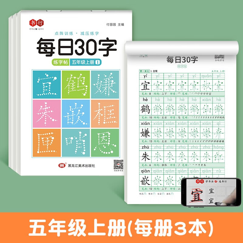 书行 小学生一年级减压练字帖语文课本同步字帖点阵每日30字生字描红练字本 五年级上册3本/60张 减压同步字帖