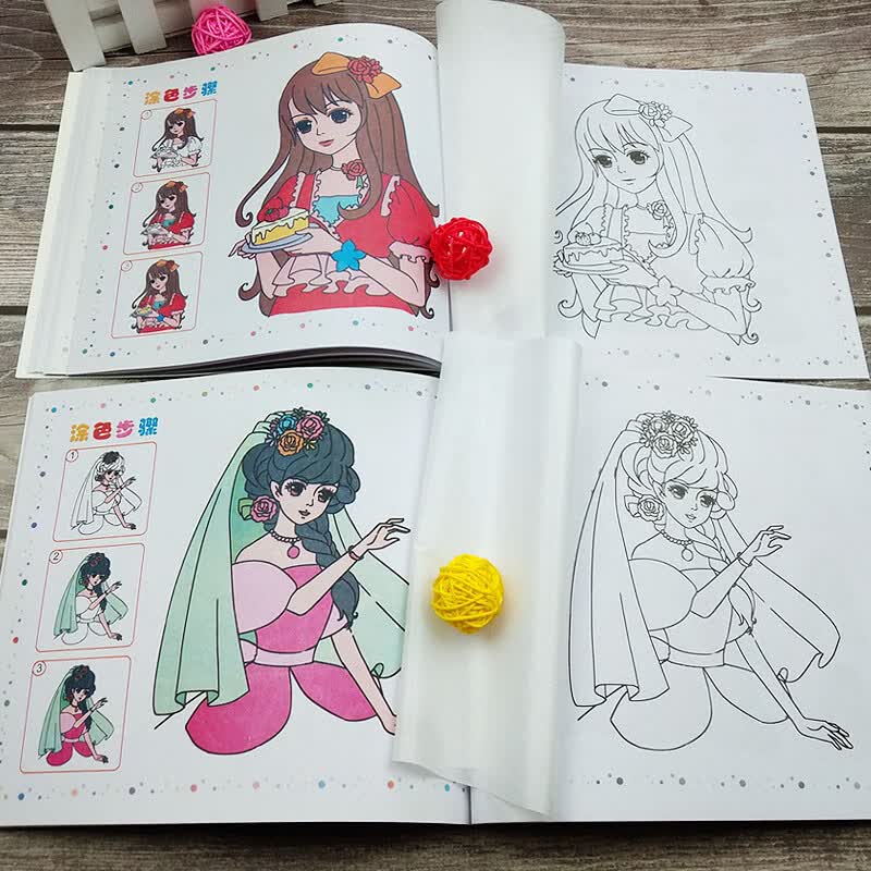 美少女画画本儿童临摹填色涂色书公主图画本宝宝蒙纸学绘画简笔画 美少女：全套6本+24色油画棒