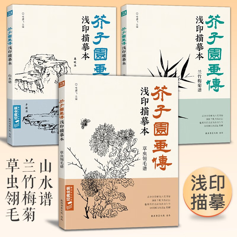 【3册全套】芥子园画传浅印描摹本兰竹梅菊草虫翎毛山水谱中国画入门零基础书籍白描画稿线稿临摹本超级线条