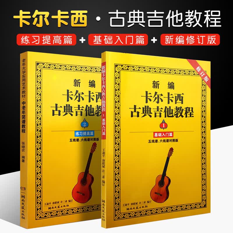 全套2册 新编卡尔卡西古典吉他12册 基础入门+练习提高篇 五线谱六线谱对照版 湖南文艺社 王迪平 古典吉