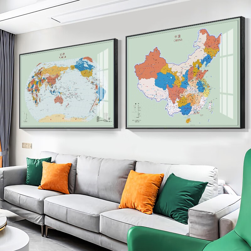 中国世界地图挂画客厅装饰画沙发书房卧室挂画装饰画地理家用高清大尺寸挂图地形 A款中国+世界地图 80*120cm*2幅 （普通款）