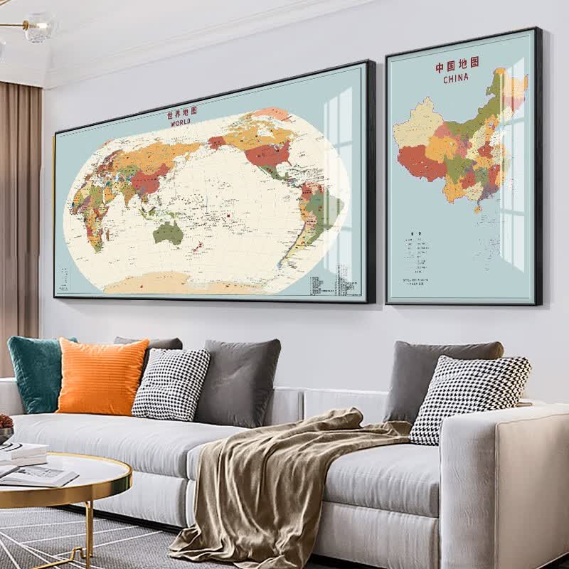 中国世界地图双联地图挂画装饰办公室会议壁画家用超大尺寸2米地形挂图地理带框高清 A款中国+世界地图 中国60*80+世界80*160cm总长2.2米