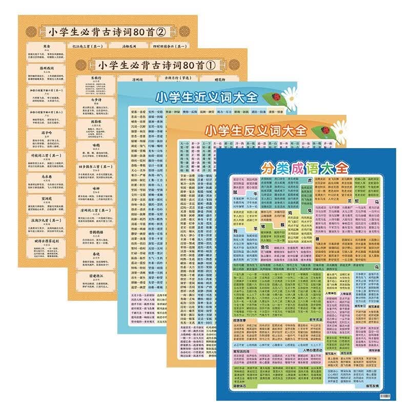 小学语文挂图系列(全套5张)古诗词80首1+古诗词80首2+分类成语+反义词大全+近义词大全