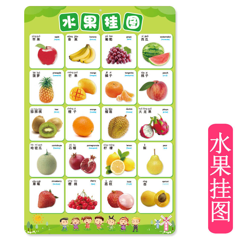 26个英文字母挂图无声英语音标墙贴幼儿数字启蒙挂画宝宝看图识字 水果挂图