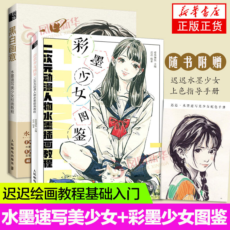 彩墨少女图鉴 二次元动漫人物水墨插画教程+黑白画意-水墨速写美少女绘画教程 水墨插画教程人物速写画册