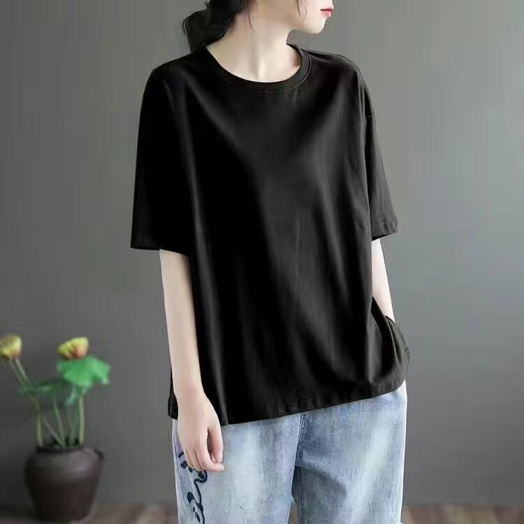 品牌折扣店~意大利出口女装夏季新款T恤100%全棉短袖宽松上衣 黑色【纯色】 M （建议85-115斤）