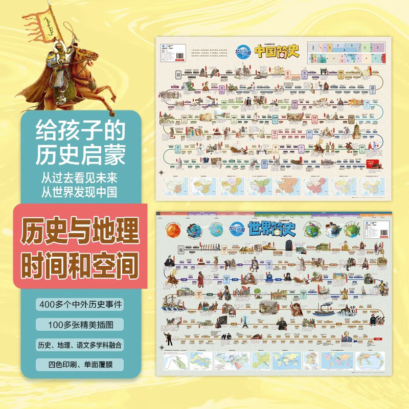 【北斗儿童地图】中国世界简史地图（共2张 2022版地理百科地图 儿童房高清防水大尺寸挂画 小学生家用地理历史语文启蒙地图）【3-12岁】