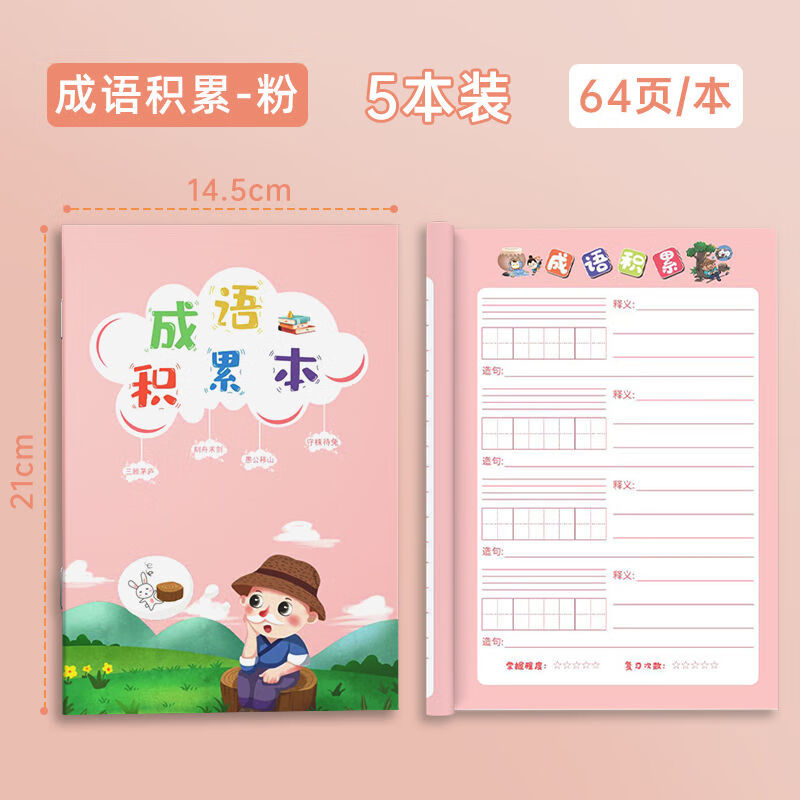 小学生用阅读摘记好词好句摘抄本加厚一二年级三年级读书笔记专用本语文积累本课外阅读观后感记录卡日积月累 粉色（5本/320页）成语积累