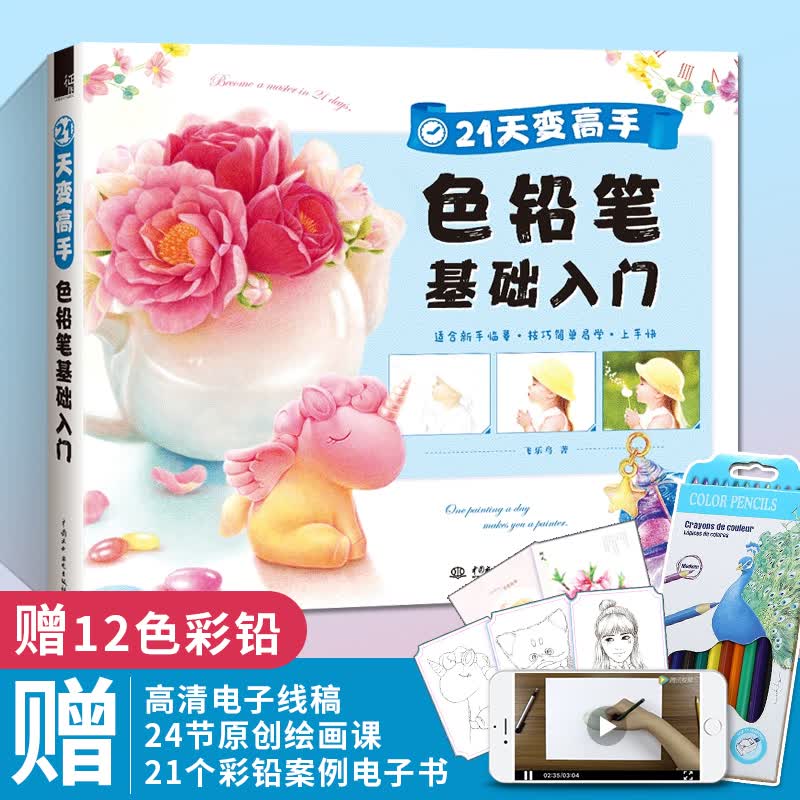 21天变高手色铅笔基础入门 彩铅画教程书 画画自学零基础 飞乐鸟 铅笔画彩铅手绘书简笔画 学画画涂色