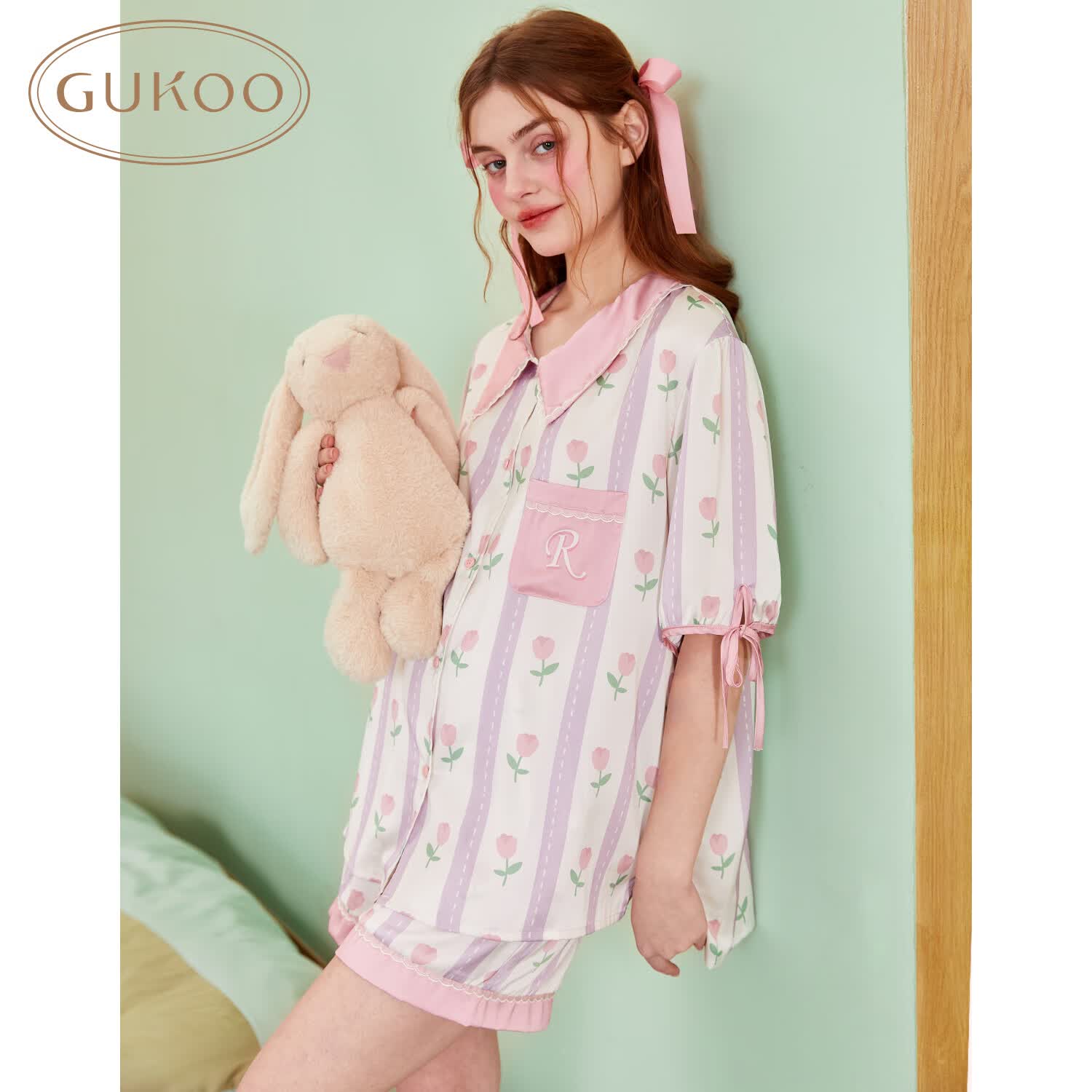 Gukoo/果壳睡衣女夏季冰丝新款迪士尼公主系列家居服套装B 长发公主粉色套装 L