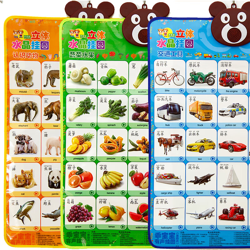 幼儿童有声挂图宝宝启蒙早教认知卡片看图识字发音学说话识物挂画 3张蔬菜水果+动物世界+交通工具