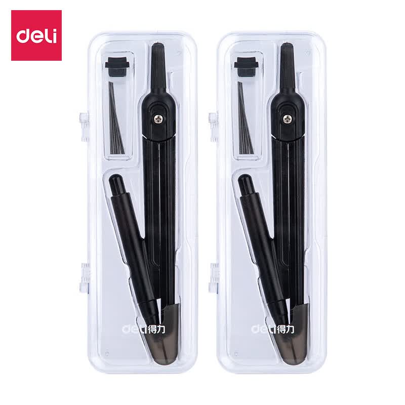 得力金属圆规 学生用2B考试制图画圆工具送铅芯中小学生数学几何教学标准圆规尺子套装绘图文具用品 2个装72152圆规-黑色共送20根铅芯