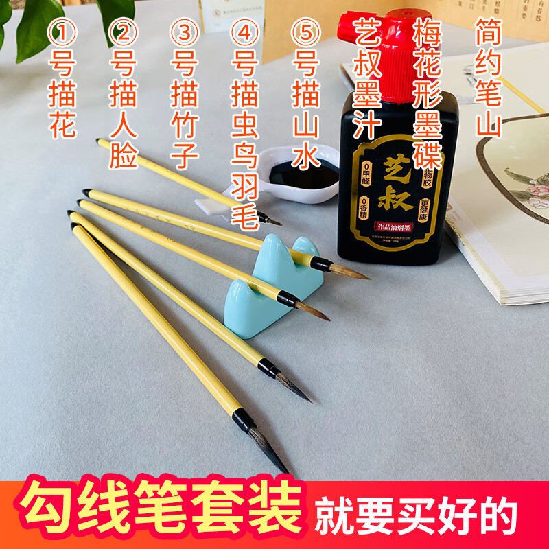 中国画白描工具8件套 勾线笔 墨汁 墨碟 笔搁 国画入门工具套装 工笔画专用绘画工具 细毛笔