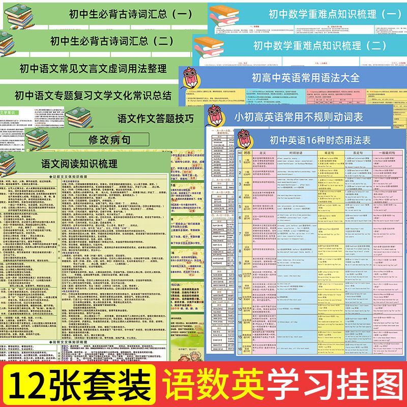 9科重点知识挂图全套防水全国通用抖音同款 语文+数学+英语-12张