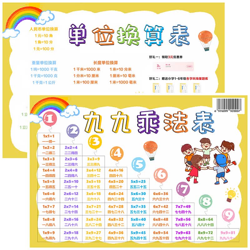 小学九九乘法口诀表单位换算表幼小衔接数学习手卡片二年级同步