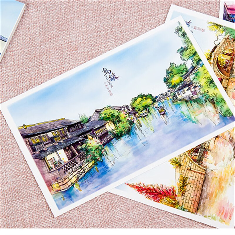 文创旅游纪念品手绘江南古镇水乡明信片乌镇同里苏州周庄西塘扬州 10张乌镇168*105mm