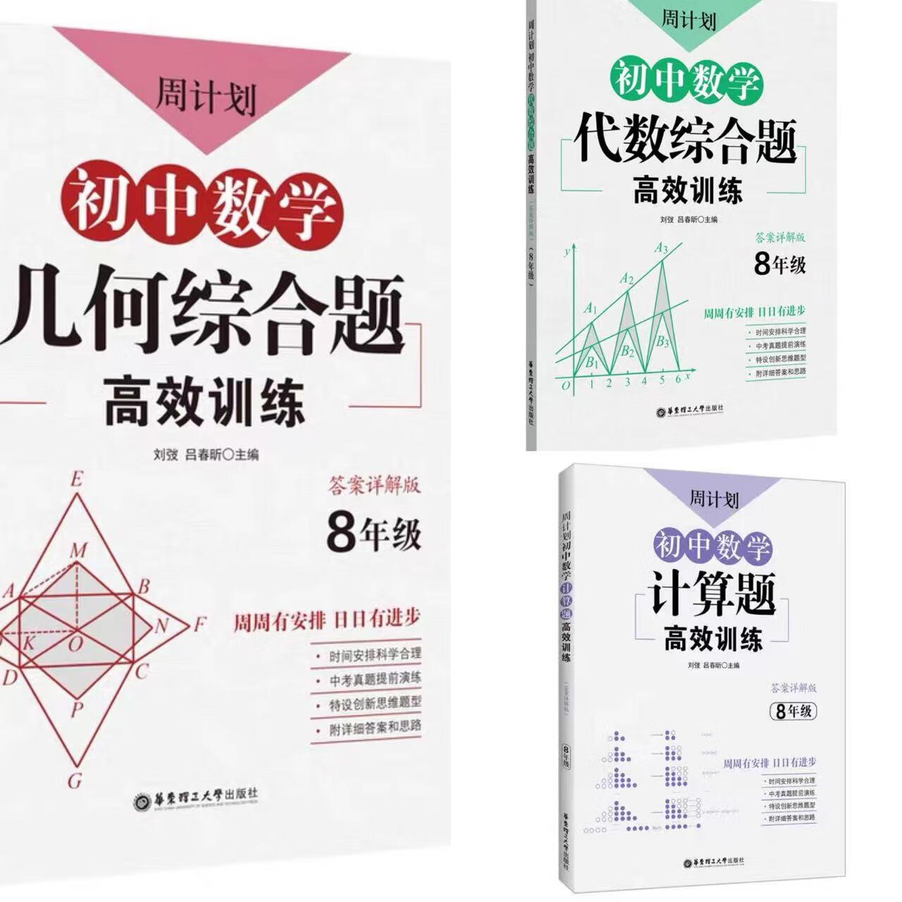 2021新版周计划数学必刷题初中计算题高效训练练习题册初一初二初三专项训练789年级有理数加减乘除混合强化 全三册 八年级 计算题+代数综合题+几何综合题