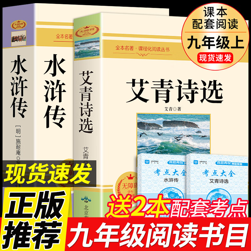 全套12册 九年级课外阅读书籍名著艾青诗选和水浒传原著完整版简爱儒林外史初三上册下册泰戈尔诗集初中 【完整版2册】艾青诗选+水浒传 考点