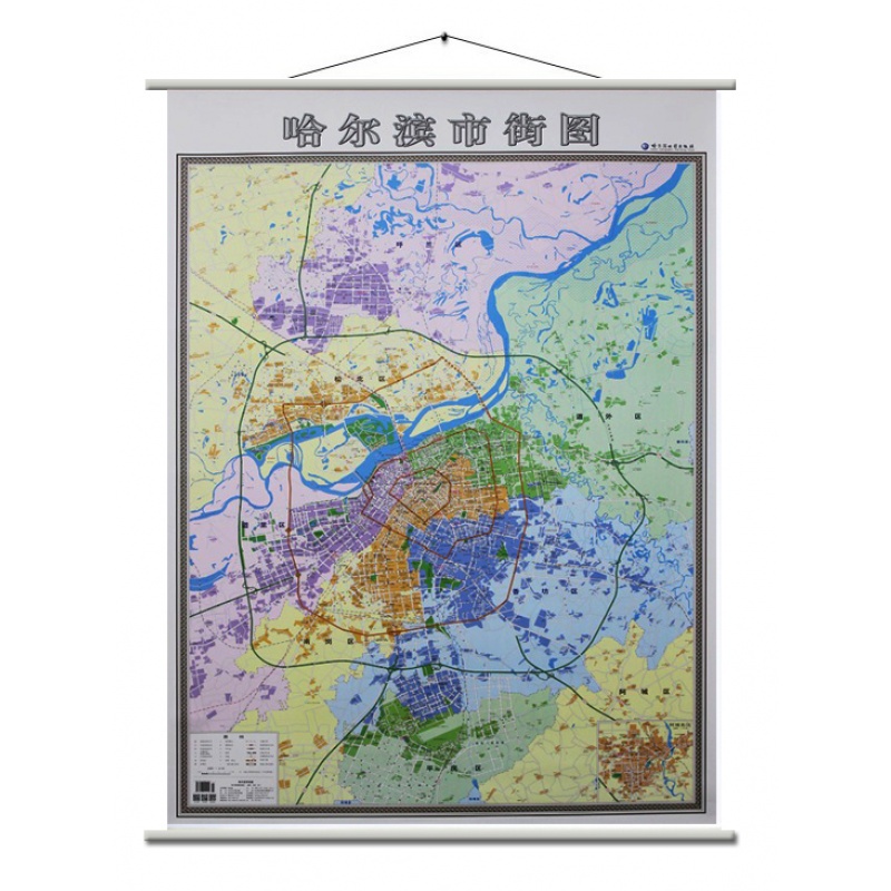 2021全新哈尔滨市街图 竖版 1米x1.4米 哈尔滨市地图挂图 精品挂绳宽杆 商务办公包装结实 真彩配色 印制精良