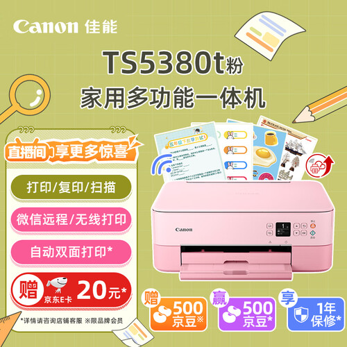 佳能（Canon）打印机 PLUS会员：Canon 佳能 TS5380 彩色喷墨一体机 粉红多少钱-聚超值